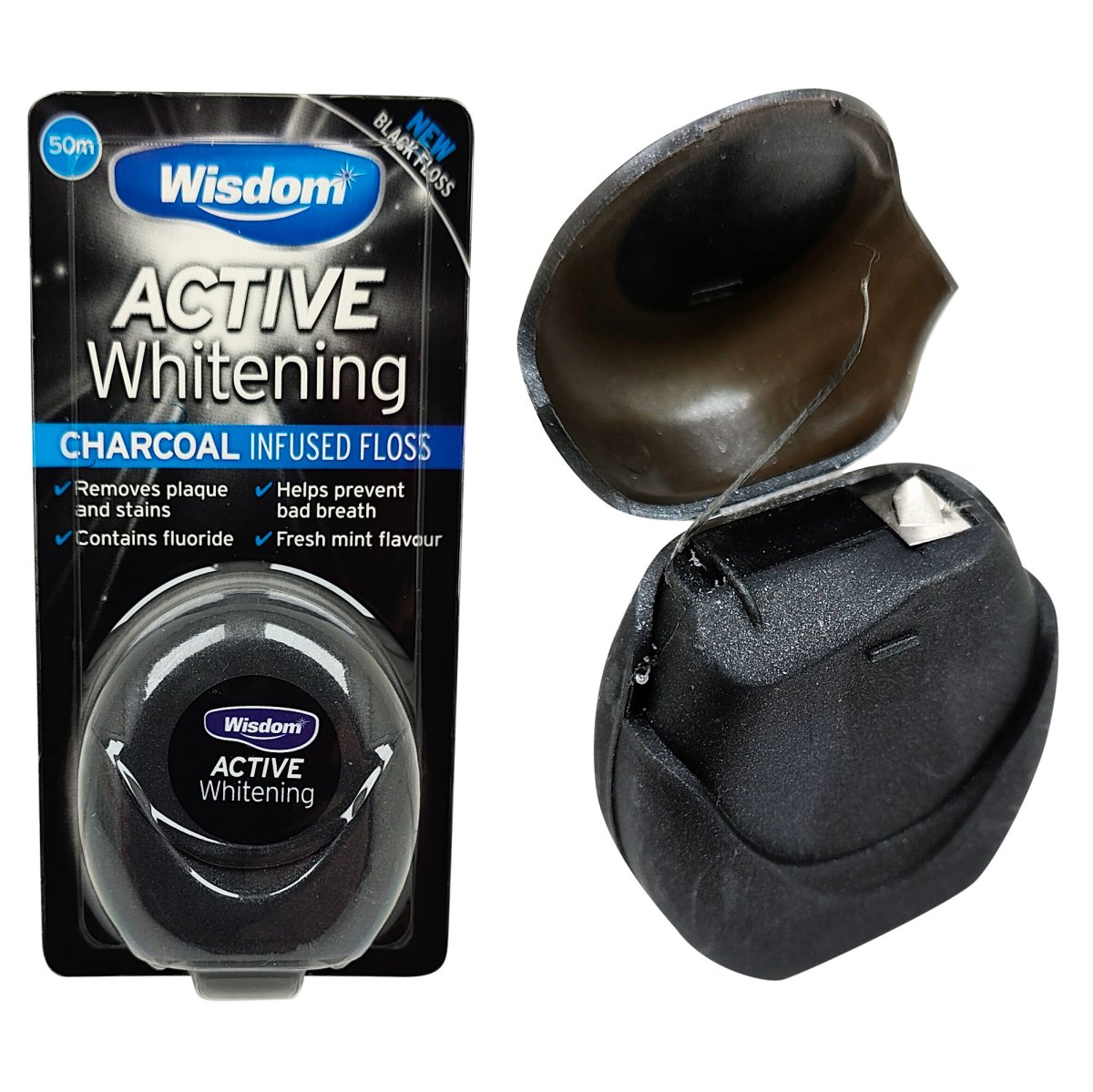 Tanntråd WISDOM Active Whitening Charcoal Floss 50 mtr