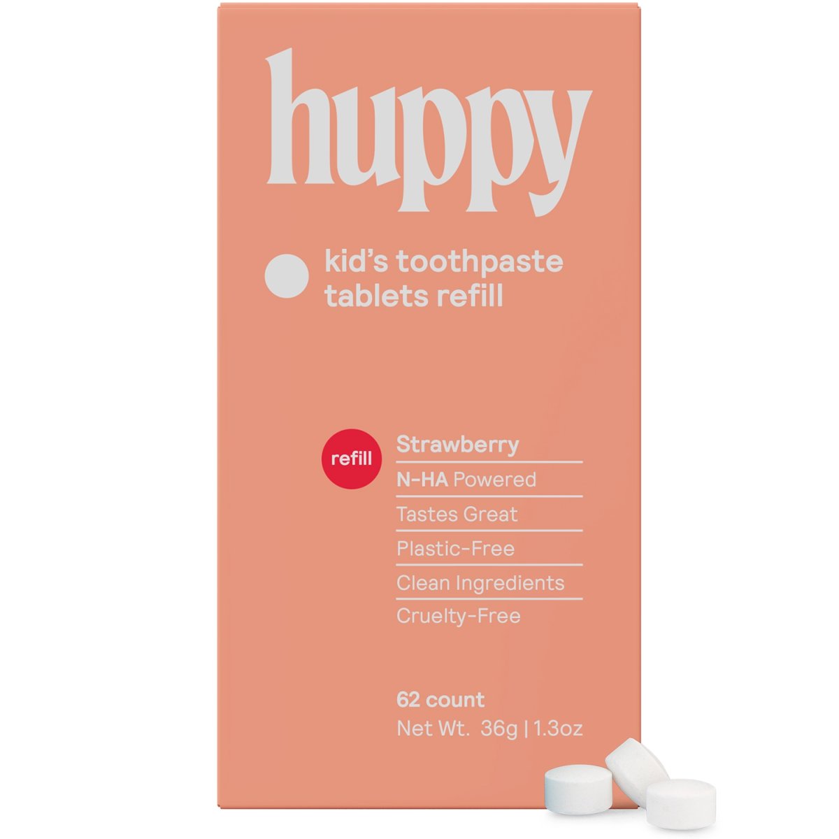 Naturlig Hydroxyapatit Tandpasta Tabletter HUPPY Xylitol Watermelon & Strawberry Refill 62 stk.