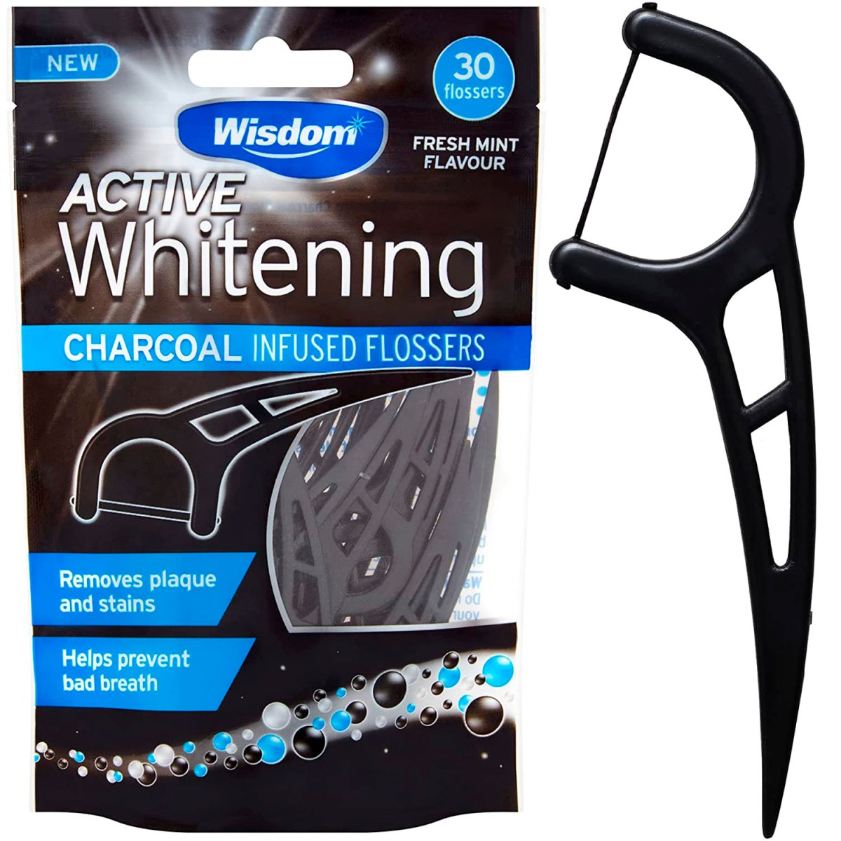 Tandtråd uden PFAS WISDOM Active Whitening Charcoal Flosser 30 stk